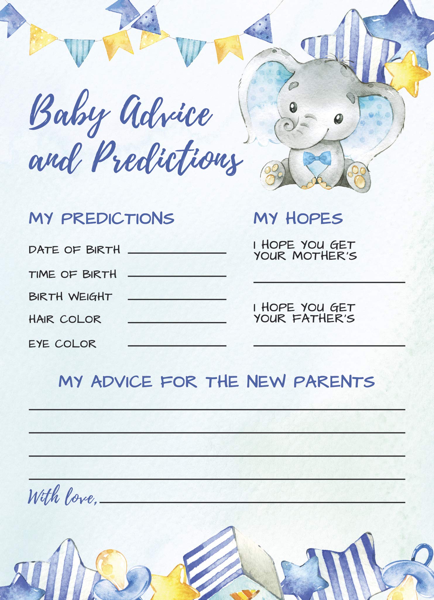 50 Deluxe Blue Elephant Advice and Prediction Cards- Large Double Sided 5 x 7 Inch for Baby Boy Shower Game, New Parent Message Book, Mom & Dad to Be, Decorations Activities Supplies Invitations