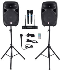 rockville rpg152k 15" powered speakers w/bluetooth+dual uhf wireless mics+stands