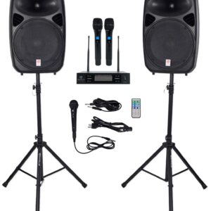 Rockville RPG152K 15" Powered Speakers w/Bluetooth+Dual UHF Wireless Mics+Stands