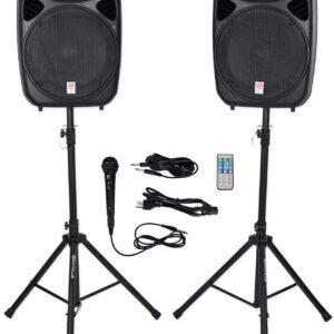 Rockville RPG152K 15" Powered Speakers w/Bluetooth+Dual UHF Wireless Mics+Stands