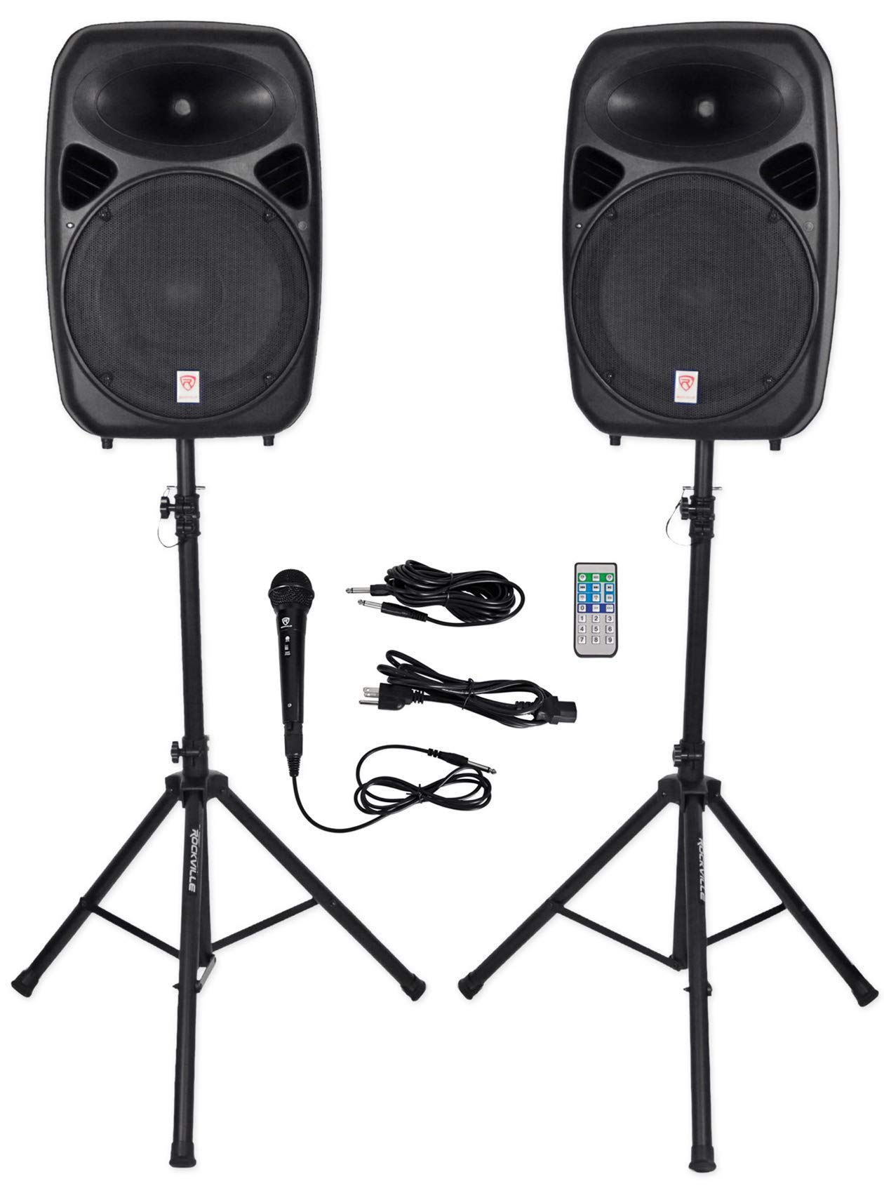 Rockville RPG152K 15" Powered Speakers w/Bluetooth+Dual UHF Wireless Mics+Stands