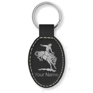 lasergram oval keychain, bronco rider, personalized engraving included (black with silver)