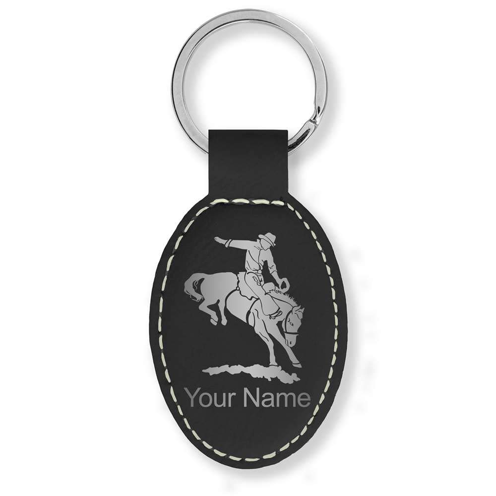 LaserGram Oval Keychain, Bronco Rider, Personalized Engraving Included (Black with Silver)