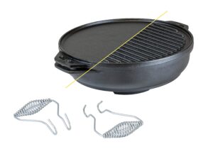 lodge cast iron cook-it-all kit. five-piece cast iron set includes a reversible grill/griddle 14 inch, 6.8 quart bottom/wok, two heavy duty handles, and a tips & tricks booklet.