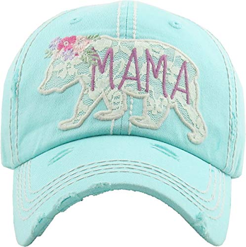 Funky Junque Distressed Baseball Cap Vintage Dad Hat - Mama Bear Lace (Mint)