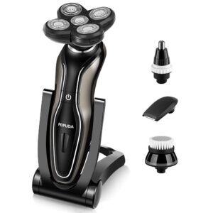 electric razor for men 4 in 1 head shaver grooming kit cordless rechargeable waterproof rotary shaver with nose hair trimmer& sideburns trimmer &facial cleansing brush feipuda