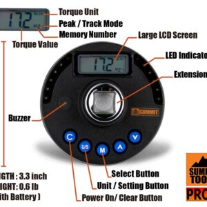 Summit Tools 1/2 inch Digital Angle Torque Adapter, 12.5-250.7 ft-lbs Torque Range, 1-360° Angle Range, Buzzer and Sequential LED Indicator, 50 Memroy Slots (AD4-340CN), Blue