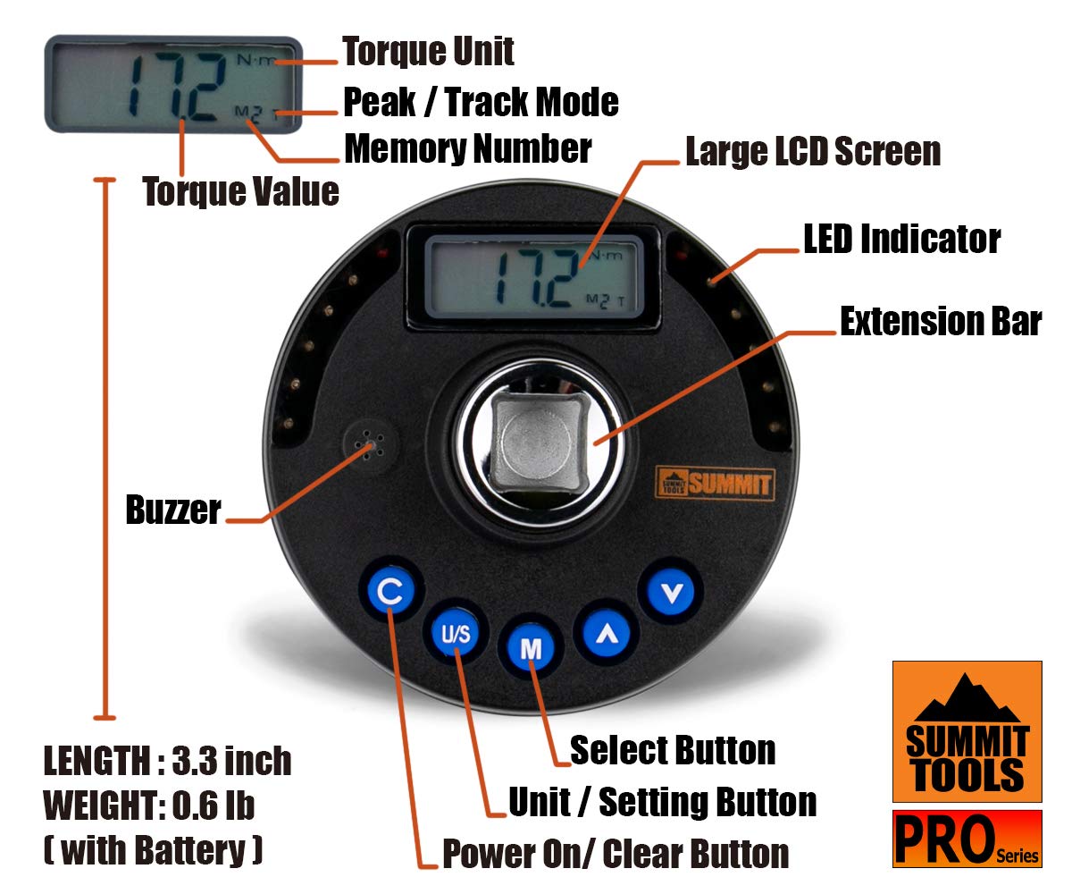 Summit Tools 1/2 inch Digital Angle Torque Adapter, 12.5-250.7 ft-lbs Torque Range, 1-360° Angle Range, Buzzer and Sequential LED Indicator, 50 Memroy Slots (AD4-340CN), Blue