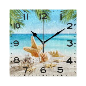 naanle 3d tropical seashells starfish on summer beach sand silent square wall clock, 8 inch battery operated quartz analog quiet desk clock for home,office,school