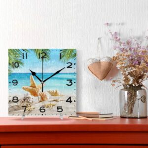 Naanle 3D Tropical Seashells Starfish on Summer Beach Sand Silent Square Wall Clock, 8 Inch Battery Operated Quartz Analog Quiet Desk Clock for Home,Office,School