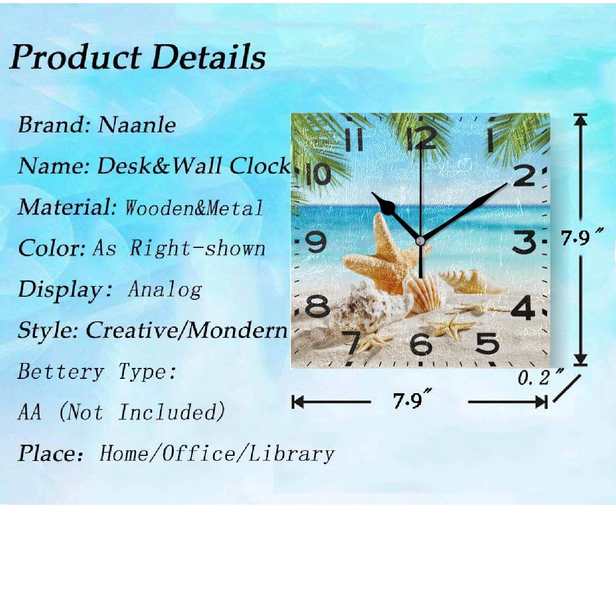 Naanle 3D Tropical Seashells Starfish on Summer Beach Sand Silent Square Wall Clock, 8 Inch Battery Operated Quartz Analog Quiet Desk Clock for Home,Office,School