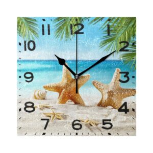 naanle 3d fresh tropical seashells starfish on summer beach silent square wall clock decorative, 8 inch battery operated quartz analog quiet desk clock for home,office,school