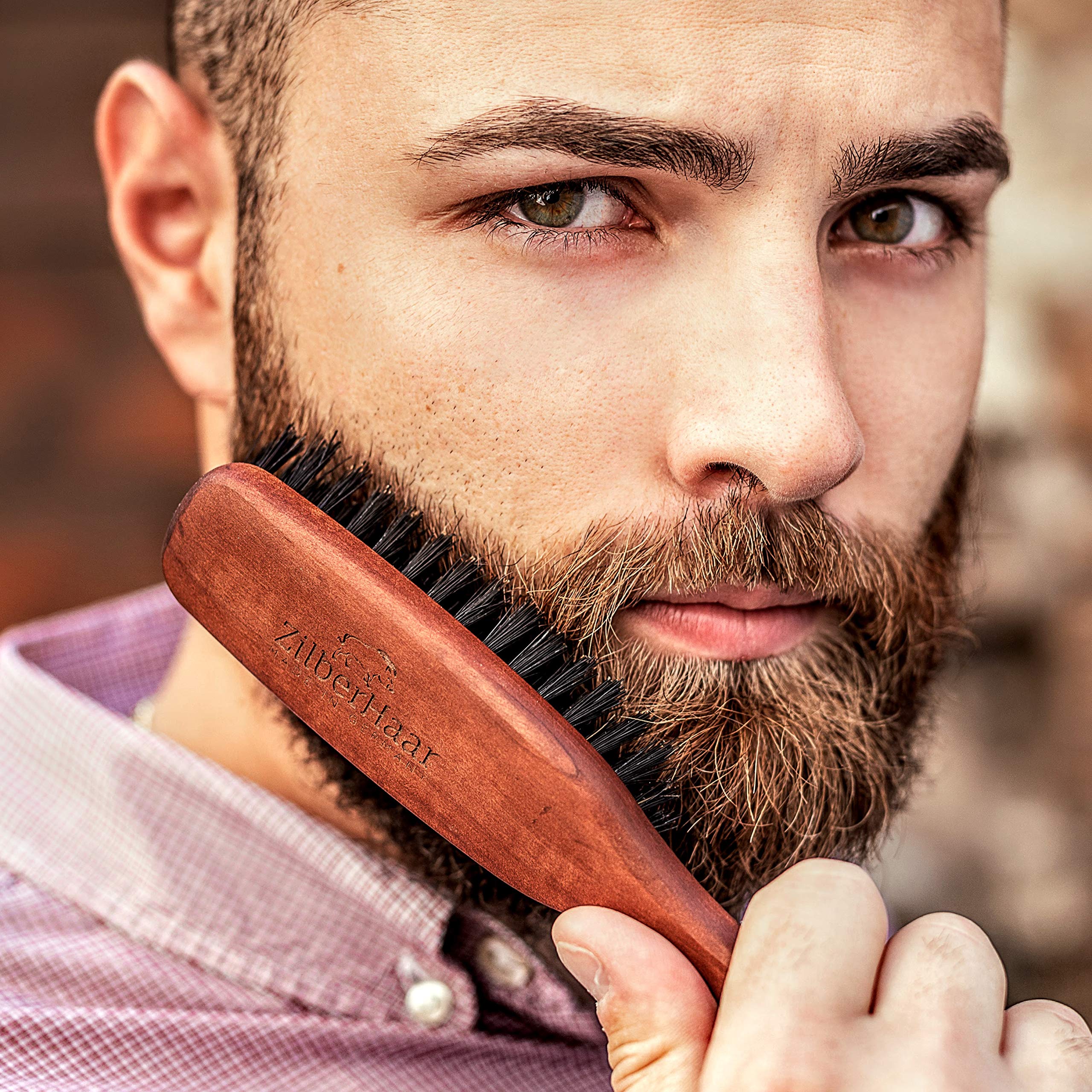 ZilberHaar Long Hair & Beard Brush - Made From Stiff First Cut Boar Bristles And Pearwood - Perfect Beard Care for Men - Works with all Beard Balms and Beard Oils - 8.5 inches long