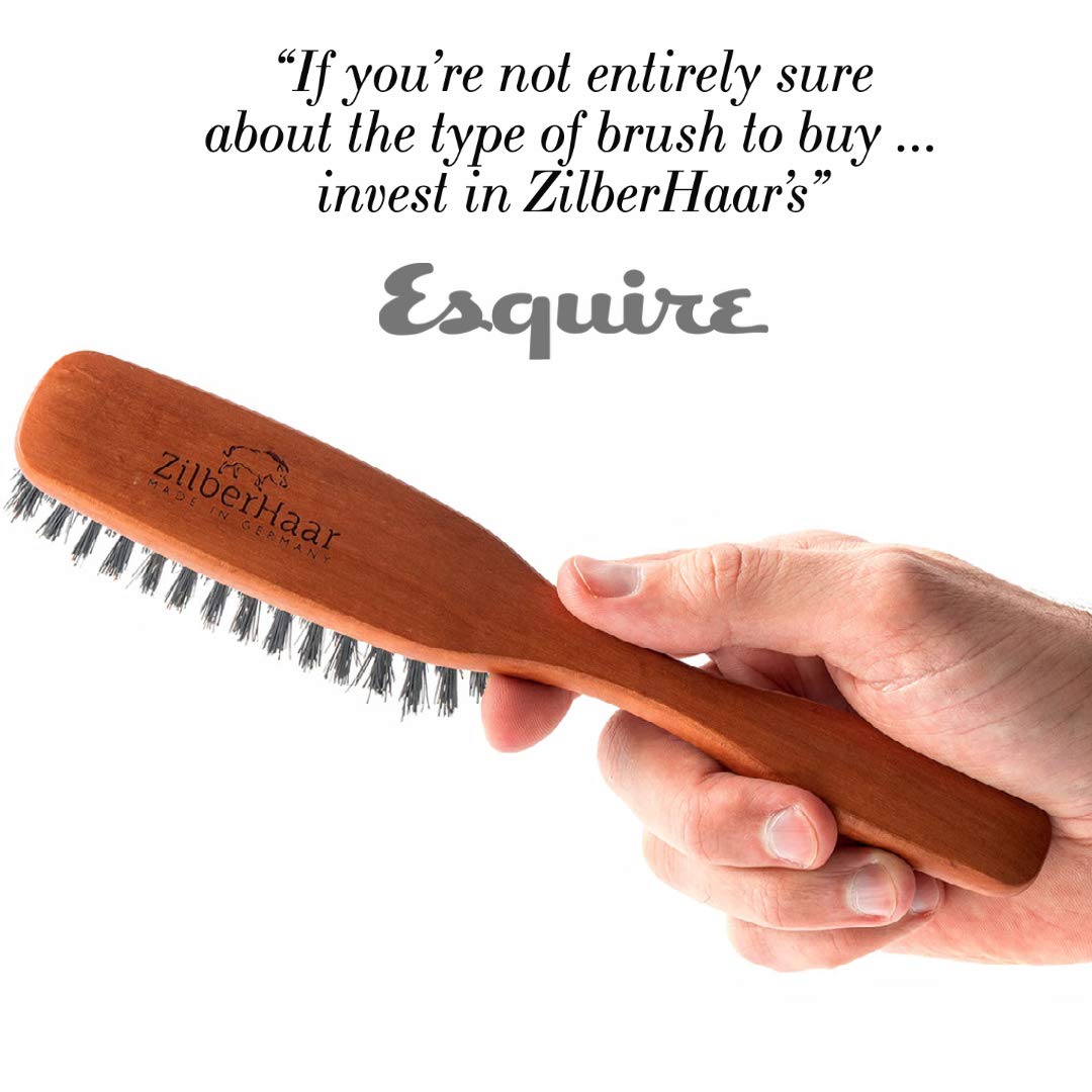 ZilberHaar Long Hair & Beard Brush - Made From Stiff First Cut Boar Bristles And Pearwood - Perfect Beard Care for Men - Works with all Beard Balms and Beard Oils - 8.5 inches long