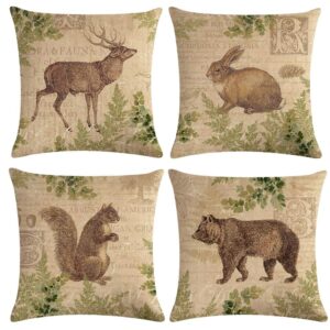 7colorroom vintage wildlife animalsthrow pillow covers squirrel bear elk rabbit with green plants cushion cover home decor square cotton linen pillowcase 18" x 18" set of 4 (animals)