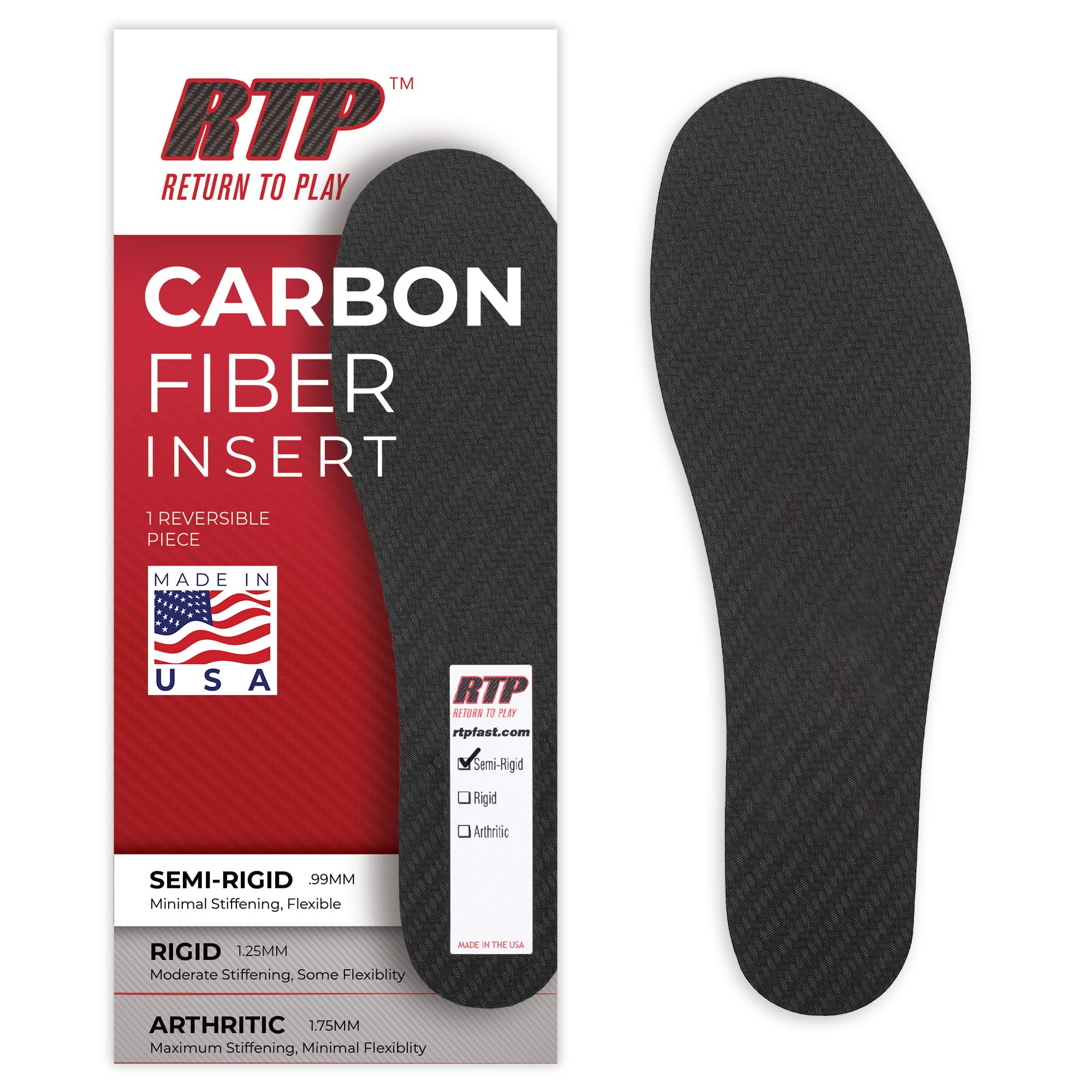 Carbon Fiber Full Shoe Semi-Rigid Insert 25 cm Men's Size 8 or Women's Size 9 Made in The USA