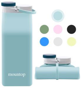 mountop collapsible water bottle, portable food grade silicone foldable travel reusable leak proof water bottles for traveling running fitness bpa free, 20oz, blue