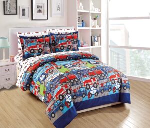 elegant home multicolor heroes first responders police cars fire trucks ambulances design 7 piece comforter bedding set for boys/kids bed in a bag with sheet set # heroes 2 (queen size)