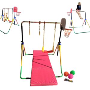 Kids Jungle Children Monkey Bar Gymnastics Athletic Expandable Kip Balance Bars Junior Training Play Gym Green with Swing, 2 Hanging Rings and Basketball Hoop and 6" Gymnastics Mat