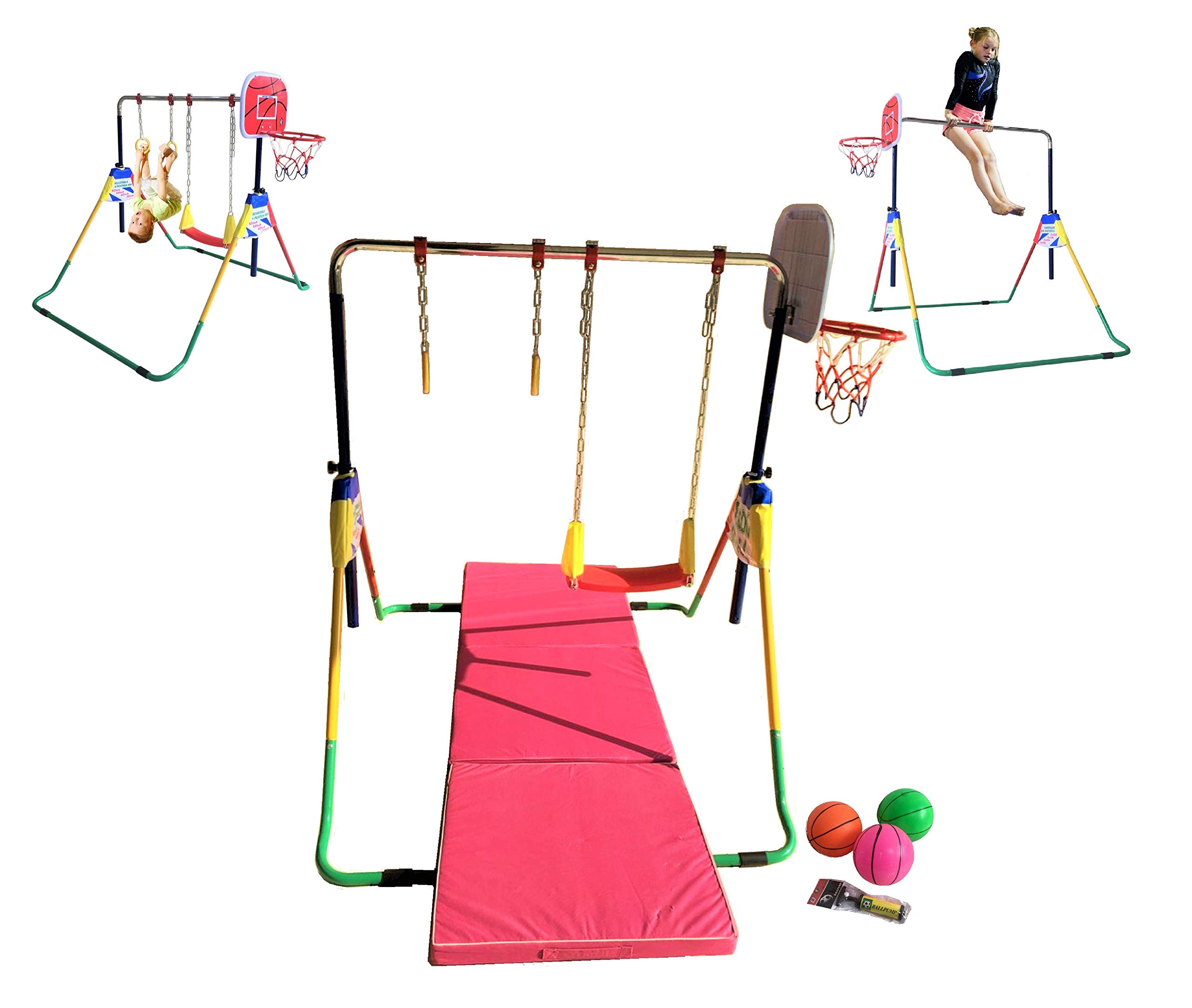 Kids Jungle Children Monkey Bar Gymnastics Athletic Expandable Kip Balance Bars Junior Training Play Gym Green with Swing, 2 Hanging Rings and Basketball Hoop and 6" Gymnastics Mat