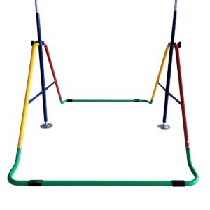 Kids Jungle Children Monkey Bar Gymnastics Athletic Expandable Kip Balance Bars Junior Training Play Gym Green with Swing, 2 Hanging Rings and Basketball Hoop and 6" Gymnastics Mat