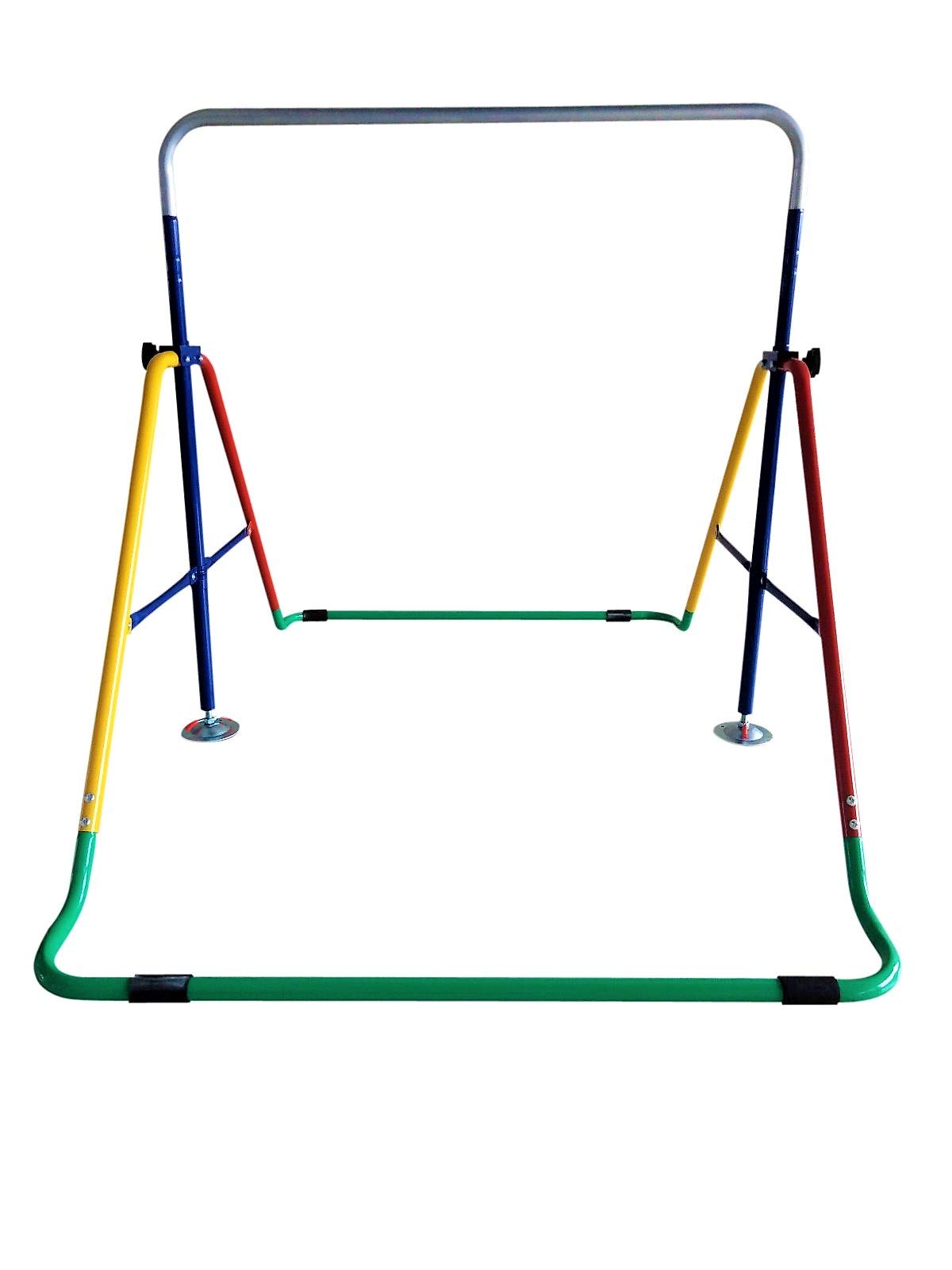 Kids Jungle Children Monkey Bar Gymnastics Athletic Expandable Kip Balance Bars Junior Training Play Gym Green with Swing, 2 Hanging Rings and Basketball Hoop and 6" Gymnastics Mat