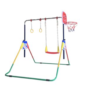 Kids Jungle Children Monkey Bar Gymnastics Athletic Expandable Kip Balance Bars Junior Training Play Gym Green with Swing, 2 Hanging Rings and Basketball Hoop and 6" Gymnastics Mat