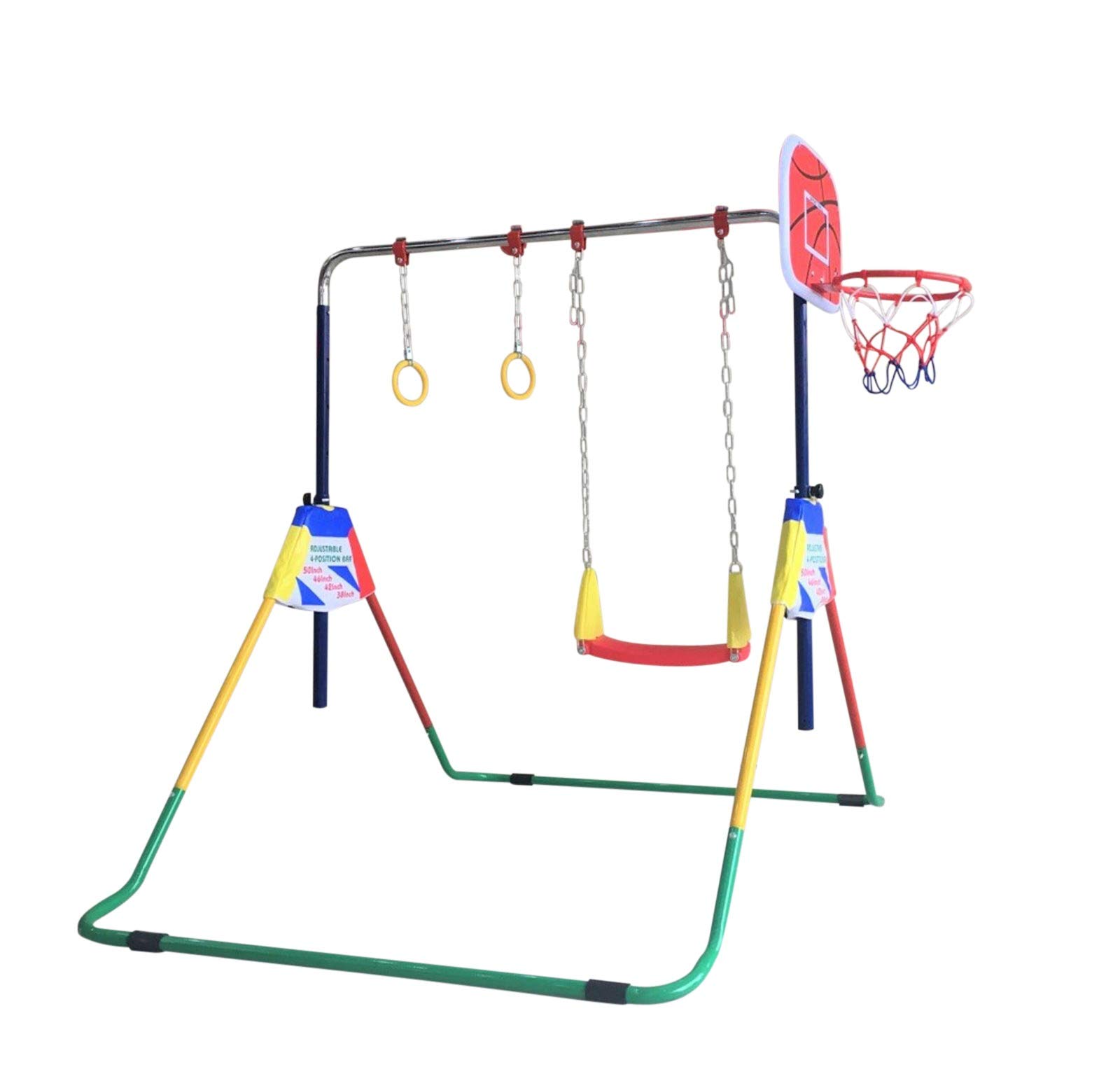 Kids Jungle Children Monkey Bar Gymnastics Athletic Expandable Kip Balance Bars Junior Training Play Gym Green with Swing, 2 Hanging Rings and Basketball Hoop and 6" Gymnastics Mat