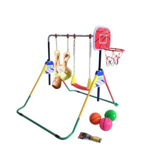 Kids Jungle Children Monkey Bar Gymnastics Athletic Expandable Kip Balance Bars Junior Training Play Gym Green with Swing, 2 Hanging Rings and Basketball Hoop and 6" Gymnastics Mat