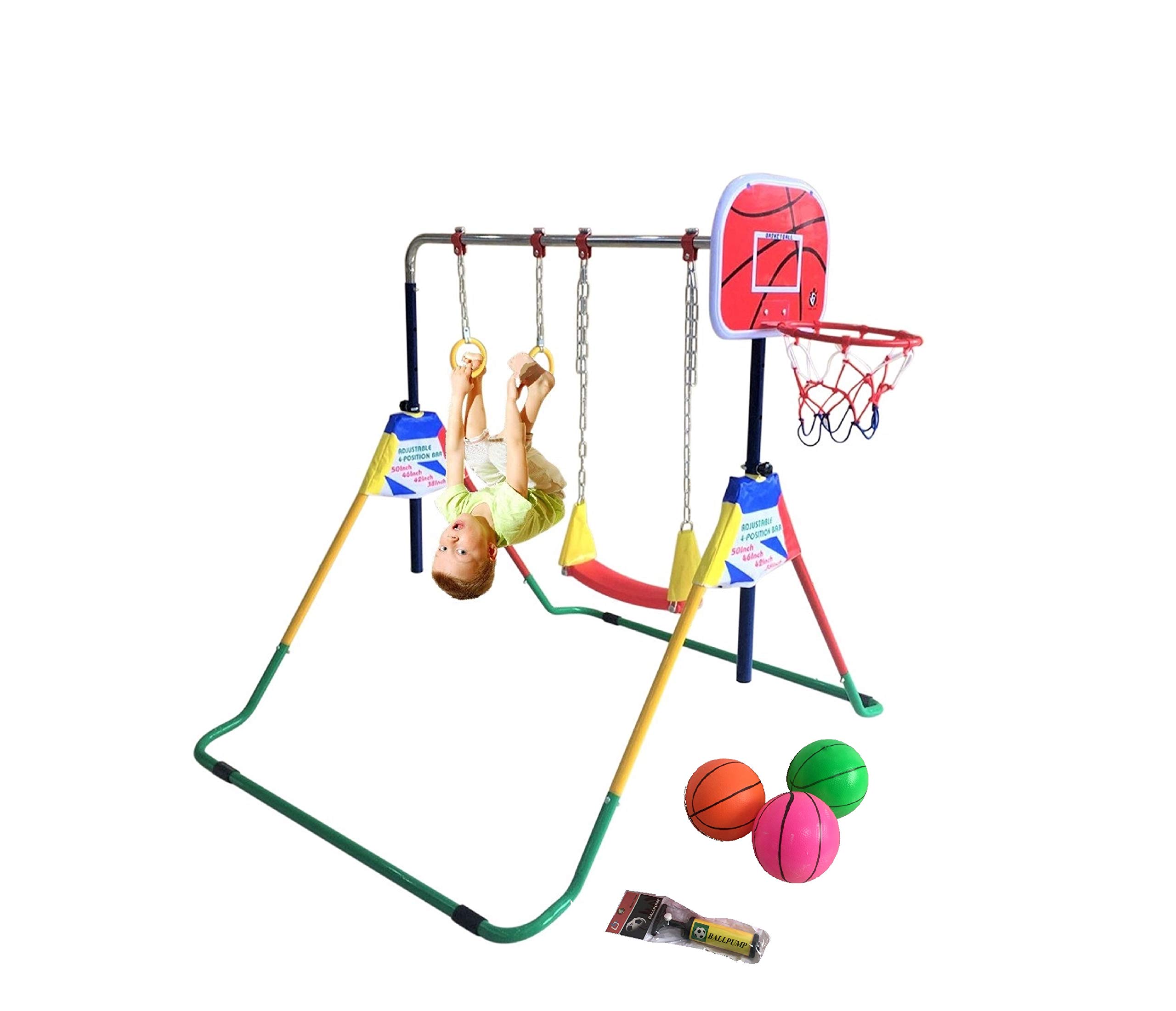 Kids Jungle Children Monkey Bar Gymnastics Athletic Expandable Kip Balance Bars Junior Training Play Gym Green with Swing, 2 Hanging Rings and Basketball Hoop and 6" Gymnastics Mat