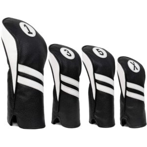 proactive sports | vintage golf club head covers | for drivers, fairway woods, and hybrids | classy headcovers that fit most clubs | classic leather look | 4-pack combo 1, 3, 5, x | black/white