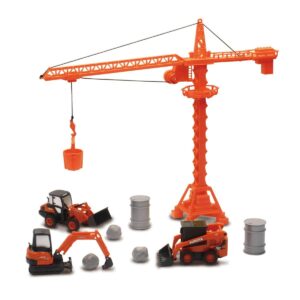 new-ray kubota die-cast construction vehicles set, plastic engineering toys playset includes steer loader, mini excavator, wheel loader, oil drums, tower crane & boulders, for kids