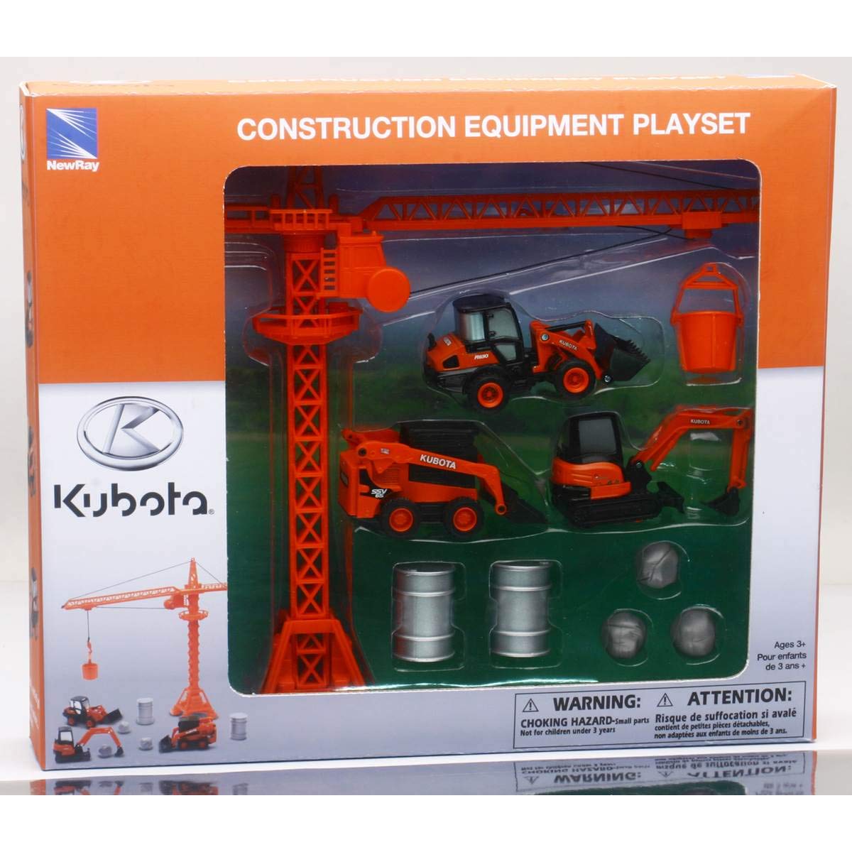 New-Ray Kubota Die-Cast Construction Vehicles Set, Plastic Engineering Toys Playset Includes Steer Loader, Mini Excavator, Wheel Loader, Oil Drums, Tower Crane & Boulders, for Kids