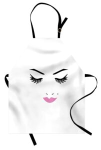 ambesonne eyelash apron, closed eyes pink lipstick glamor makeup cosmetics beauty feminine design, unisex kitchen bib with adjustable neck for cooking gardening, adult size, fuchsia black white