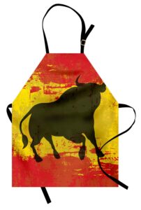 ambesonne spanish apron, bull silhouette on spanish flag grunge national elements paint stains, unisex kitchen bib with adjustable neck for cooking gardening, adult size, vermilion yellow