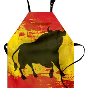 Ambesonne Spanish Apron, Bull Silhouette on Spanish Flag Grunge National Elements Paint Stains, Unisex Kitchen Bib with Adjustable Neck for Cooking Gardening, Adult Size, Vermilion Yellow