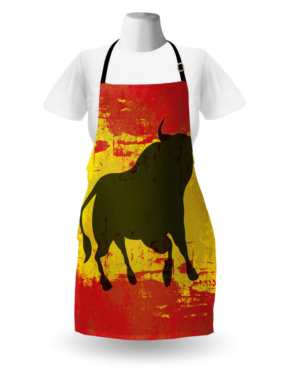 Ambesonne Spanish Apron, Bull Silhouette on Spanish Flag Grunge National Elements Paint Stains, Unisex Kitchen Bib with Adjustable Neck for Cooking Gardening, Adult Size, Vermilion Yellow