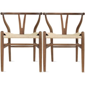 2xhome set of 2 wishbone solid wood armchairs with arms open y back farmhouse dining office chairs with woven beige seat (espresso)