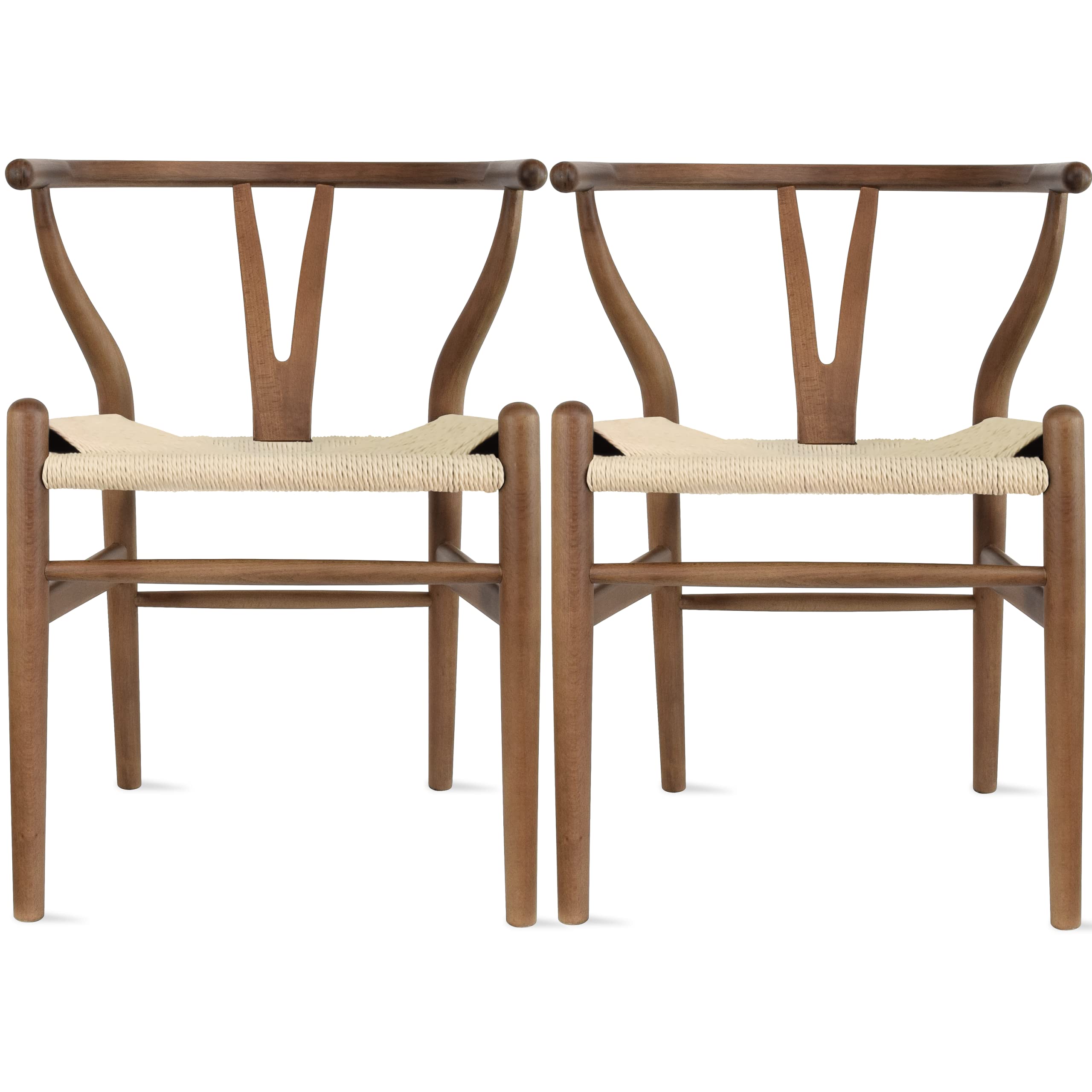 2xhome Set of 2 Wishbone Solid Wood Armchairs with Arms Open Y Back Farmhouse Dining Office Chairs with Woven Beige Seat (Espresso)