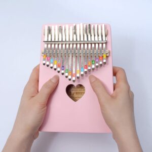 Thumb Piano 17 Keys Mbira African Finger Piano Kalimba Included Key Stickers Gifts for kids Wooden (Pink）Portable music Instrument for Toddlers Children Girl Friend Easy to Learn