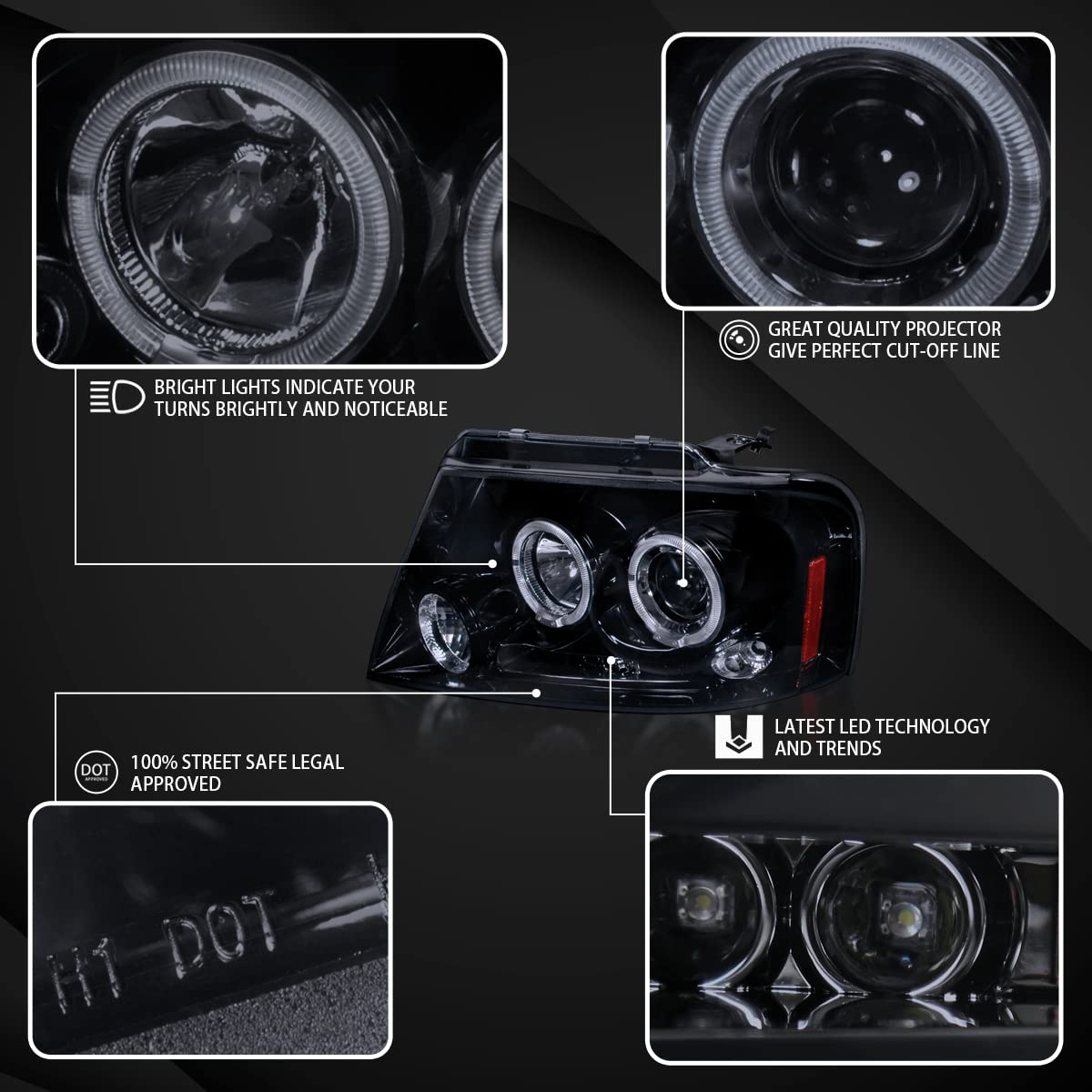 AUTOZENSATION Compatible with 2004-2008 Ford F150 LED Headlights Glossy Black Housing Smoke Lens L + R Pair Headlamp