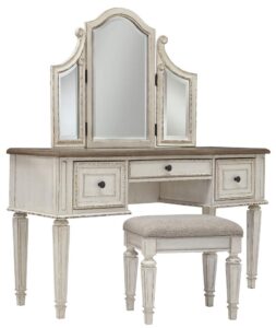 signature design by ashley realyn traditional cottage 3 drawer vanity set with dovetail construction, mirror & stool included, chipped white, distressed brown