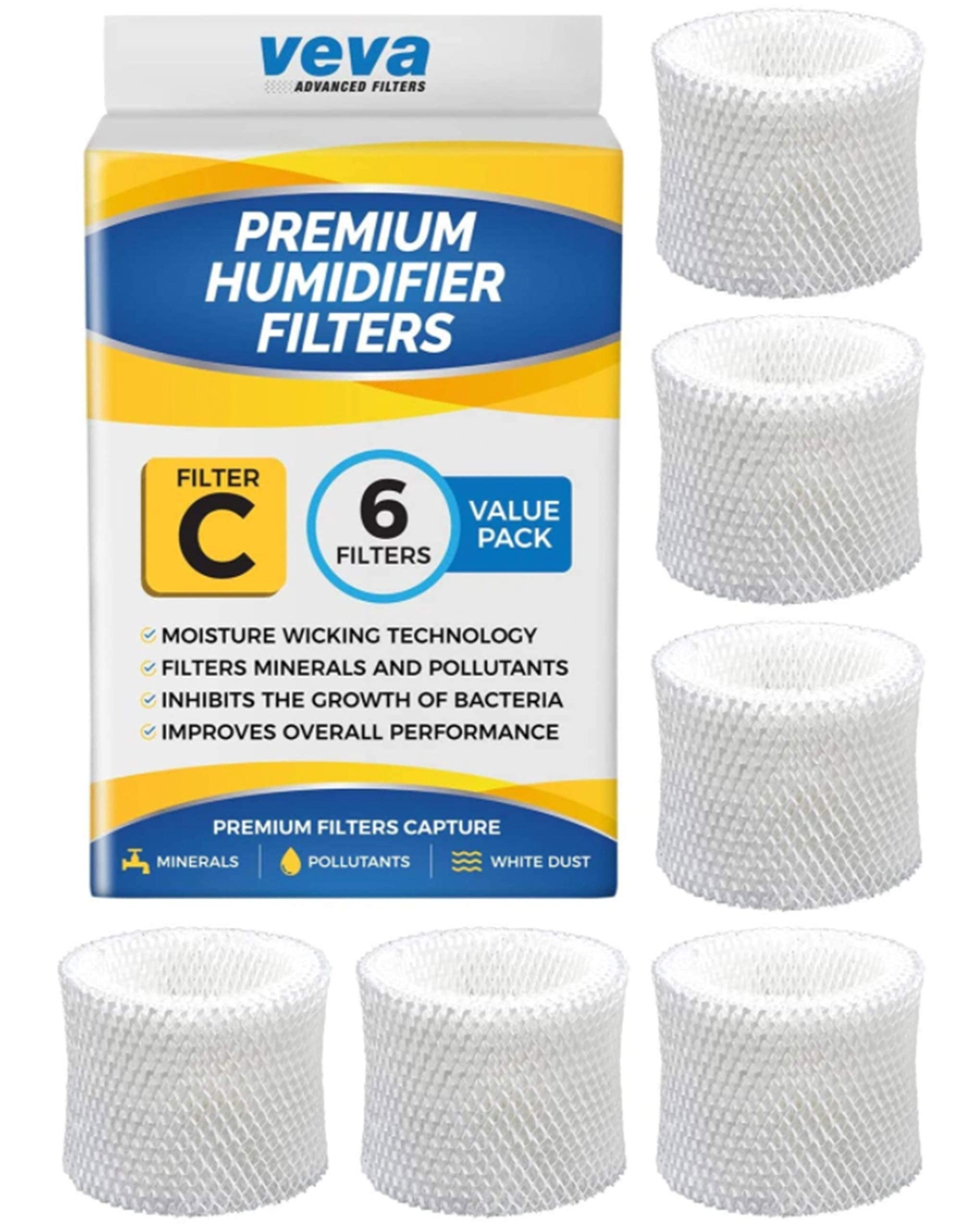 VEVA 6-Pack Premium Humidifier Filters - Replacement for HW Filter C, HC-888, HC-888N - Compatible with Cool Moisture Evaporative Humidifiers & HCM-890 Series