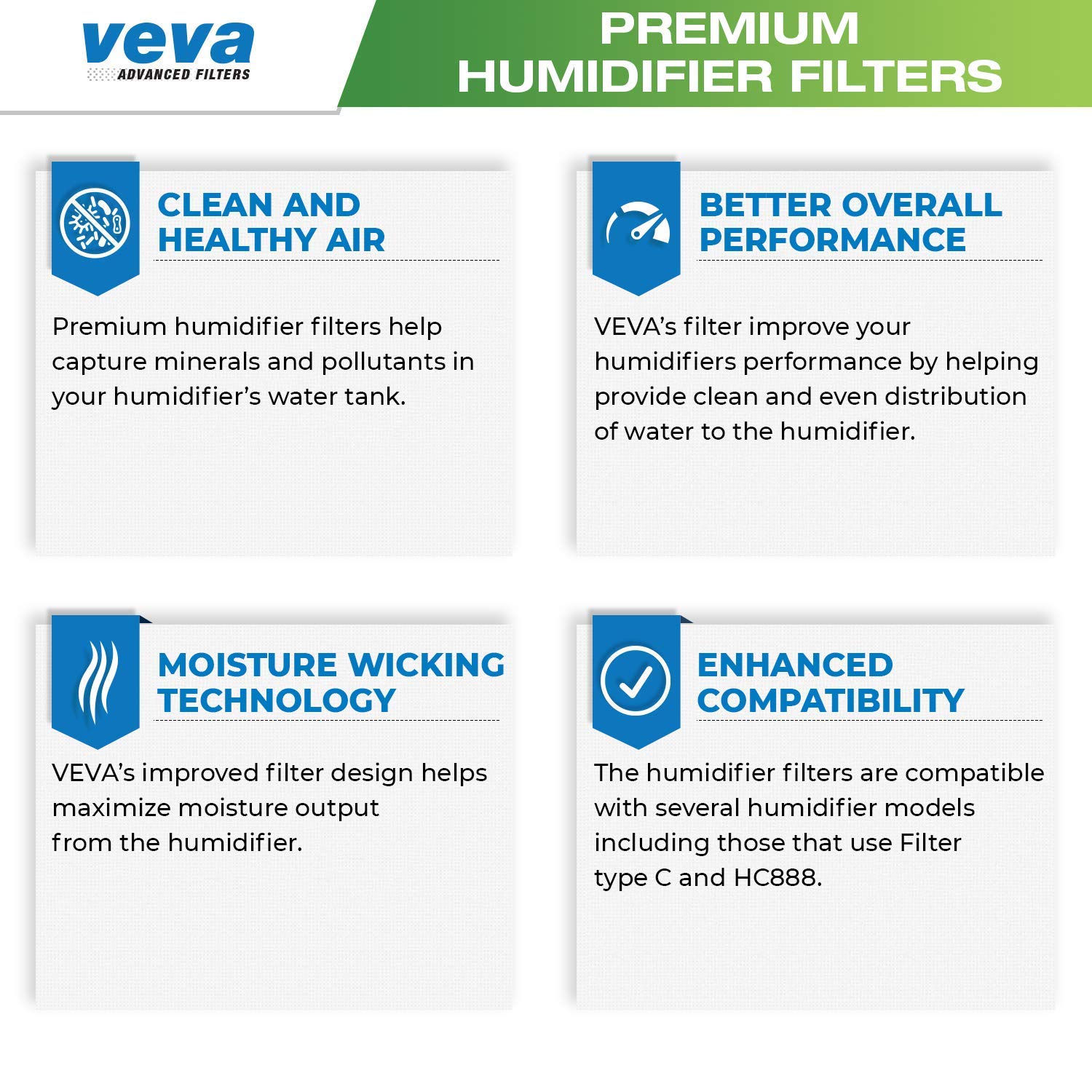 VEVA 6-Pack Premium Humidifier Filters - Replacement for HW Filter C, HC-888, HC-888N - Compatible with Cool Moisture Evaporative Humidifiers & HCM-890 Series