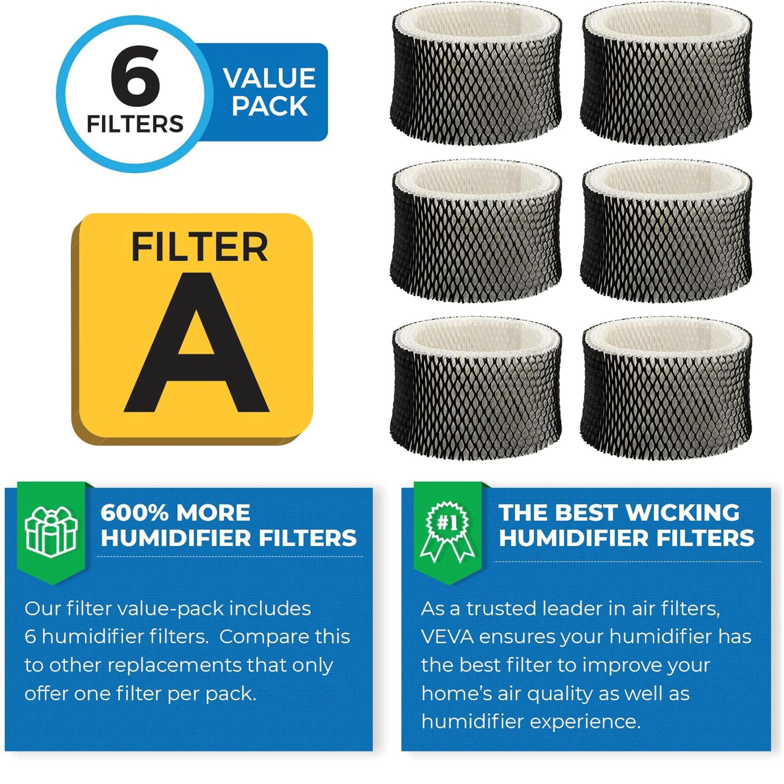 VEVA 6 Pack Premium Humidifier Filters Replacement for Holmes Filter A, HWF62, HWF62S, and Other Sunbeam Cool Mist Humidifiers