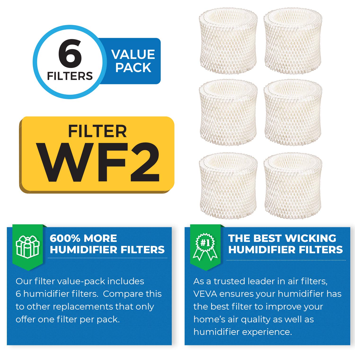 VEVA 6 Pack Premium Humidifier Filters Replacement for Protec, Vicks, Kaz Filter WF2 and V3500, V3100 & 3020 Cool Mist Humidifiers