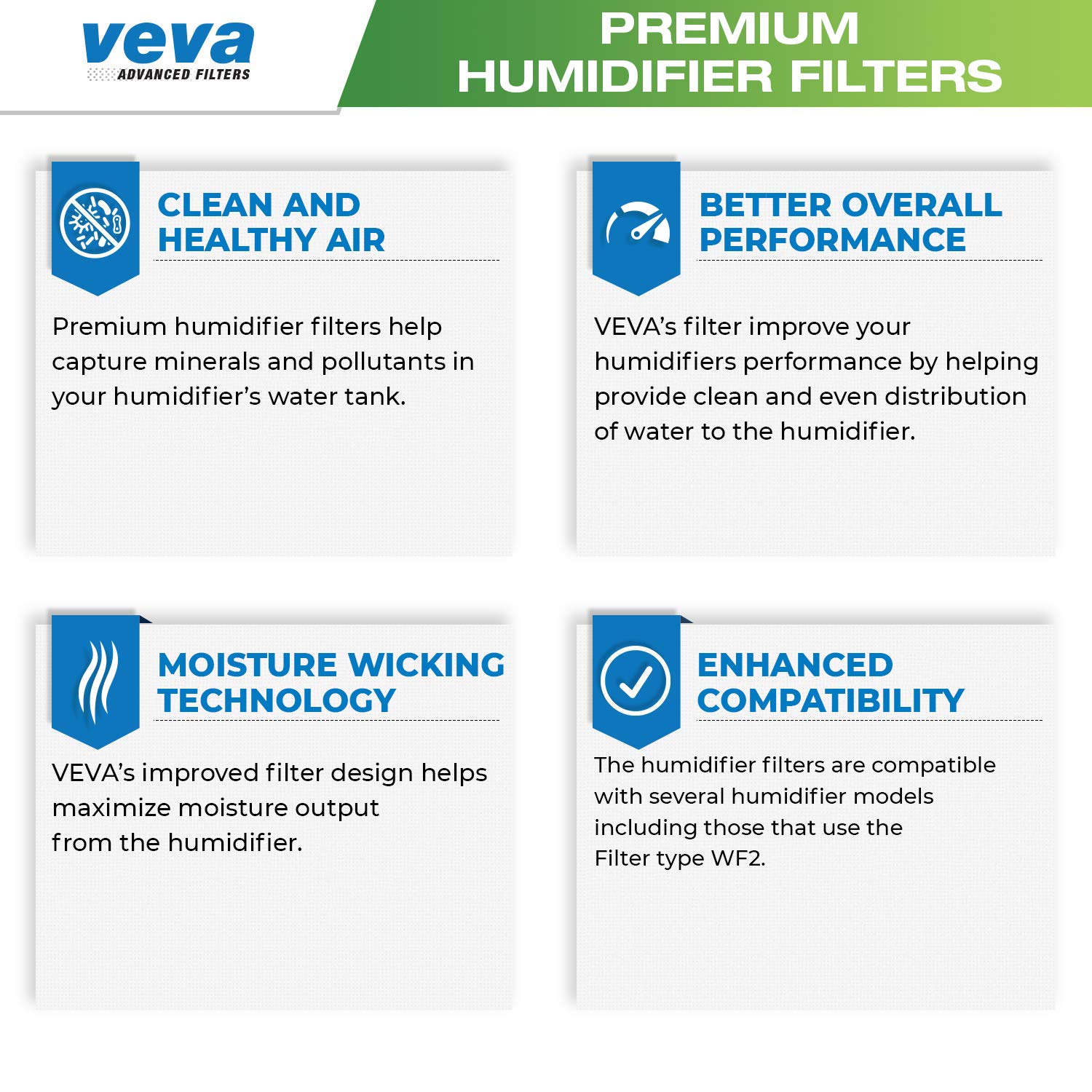 VEVA 6 Pack Premium Humidifier Filters Replacement for Protec, Vicks, Kaz Filter WF2 and V3500, V3100 & 3020 Cool Mist Humidifiers