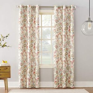 sun zero jorah botanical print thermal insulated energy efficient grommet curtain panel, 40" x 84", linen