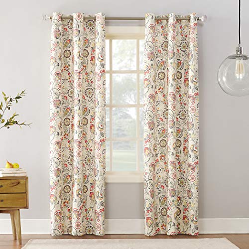 Sun Zero Jorah Botanical Print Thermal Insulated Energy Efficient Grommet Curtain Panel, 40" x 84", Linen