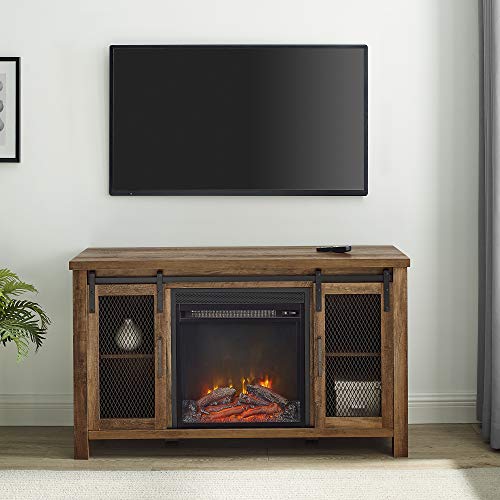 Walker Edison Tall Farmhouse Metal Mesh Barndoor and Wood Universal Fireplace TV Stand or TV's up to 55" Flat Screen Living Room Storage Entertainment Center, 48 Inch, Rustic Oak